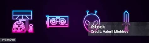 게임용 라인 레이싱 시뮬레이터 조종석 비디오 그래픽 카드 외계인 및 검을 설정합니다 빛나는 네온 아이콘입니다 벡터 가공의 인물에 대한 스톡 벡터 아트 및 기타 이미지