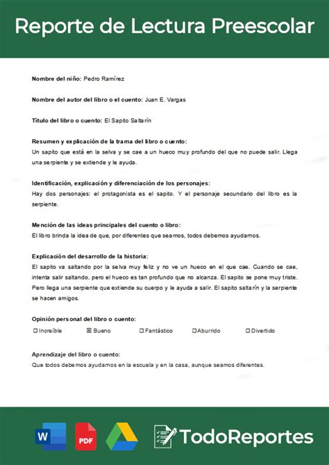 Reporte De Lectura Preescolar Formato Cómo Hacerlo Y Ejemplos Todoreportes