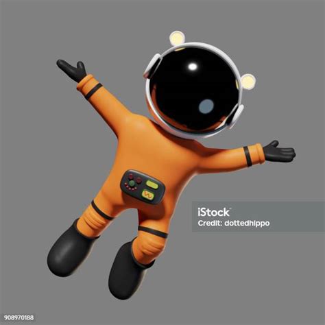 귀여운 만화 오렌지 우주 복에 우주 비행사는 무중력 공간에서 행복 3차원 형태에 대한 스톡 사진 및 기타 이미지 Istock