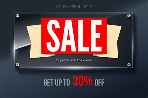 유리 배경 및 텍스트 디자인에 판매 배너입니다 30 할인까지 받을 주 쇼핑 또는 마케팅 이벤트 3 차원 일러스트 레이 션에 대 한 광고 포스터의 슈퍼 판매 30에 대한 스톡