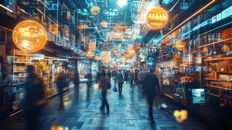 Futuristic Virtual Marketplace With Digital Elements And Interaction Stock Image Image Of