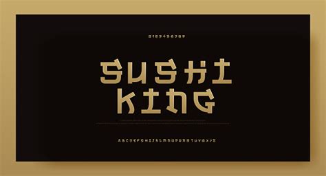 현대 아시아 골드 알파벳 글꼴 서체입니다 타이포그래피 일본 글꼴 및 번호 영어 일본어 문자 대문자와 숫자 벡터 일러스트레이션 일본에 대한 스톡 벡터 아트 및 기타 이미지