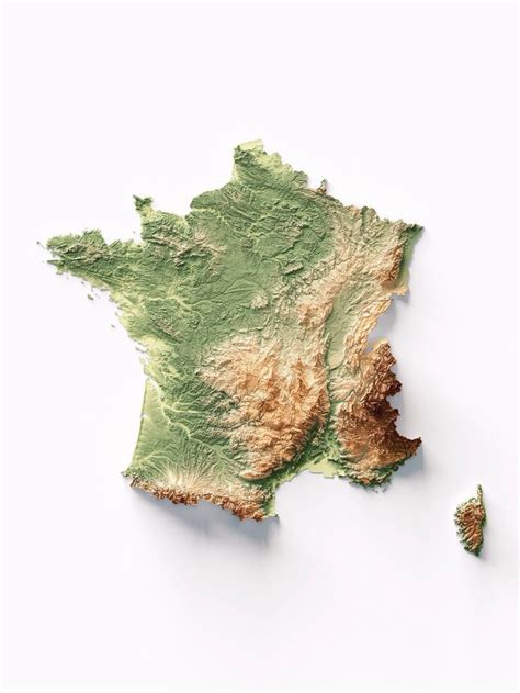 France Elevation Map Geo 2d Poster Shaded Relief Map Fine Art Wall Decor Geography Travel