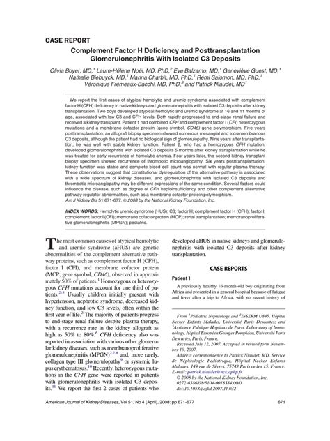 Pdf Complement Factor H Deficiency And Posttransplantation Glomerulonephritis With Isolated C3