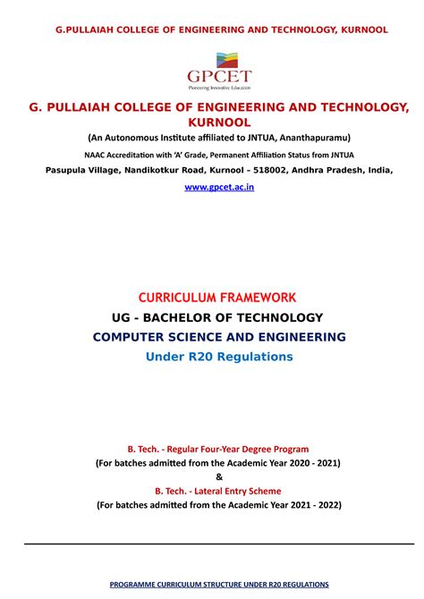 R20 Regulation G Pullaiah College Of Engineering And Technology Kurnool An Autonomous