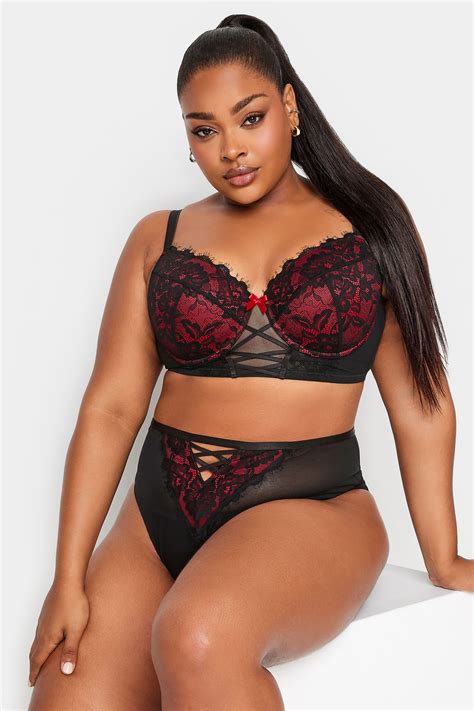 Yours Plus Size Black And Red Lace Strap Detail Padded Longline Bra
