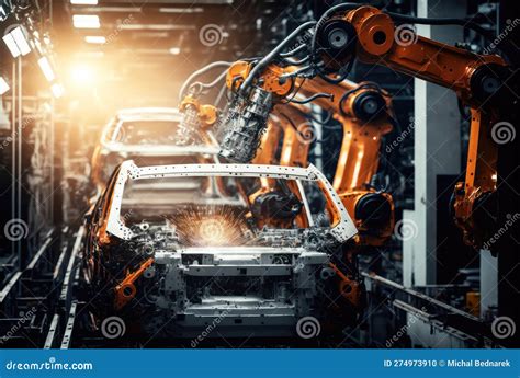 Car Factory Assembly Line With Automatic Robotic Arms Working Generative Ai Stock Illustration