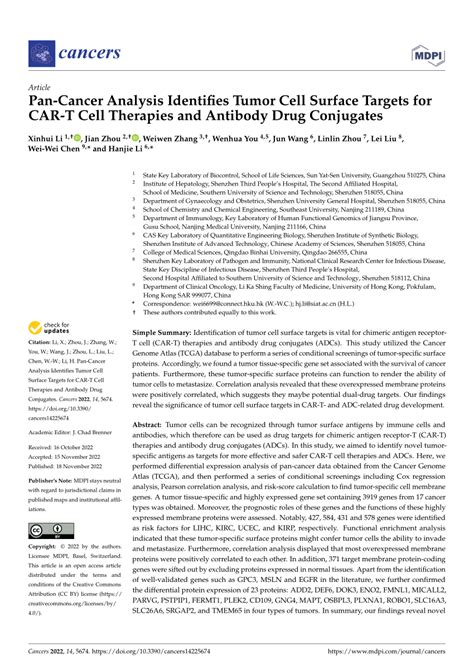 Pdf Pan Cancer Analysis Identifies Tumor Cell Surface Targets For Car T Cell Therapies And