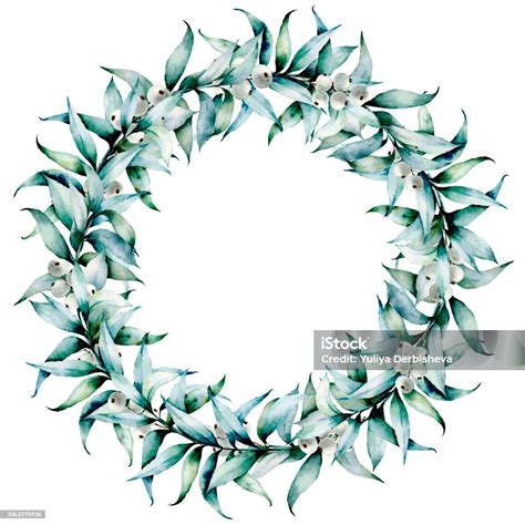 유칼립투스와 수채화 화 환 잎 손으로 그린 크리스마스 화 환 유 분기와 흰색 딸기 흰색 배경에 고립 디자인 인쇄 카드에 대 한