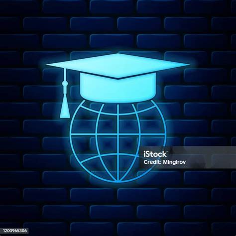벽돌 벽 배경에 고립 된 지구 아이콘에 빛나는 네온 졸업 모자 세계 교육 상징 온라인 학습 또는 E러닝 개념 벡터 일러스트레이션 개념에 대한 스톡 벡터 아트 및 기타 이미지