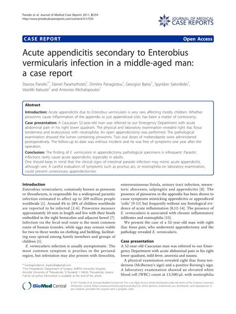 Pdf Acute Appendicitis Secondary To Enterobius Vermicularis Infection In A Middle Aged Man A