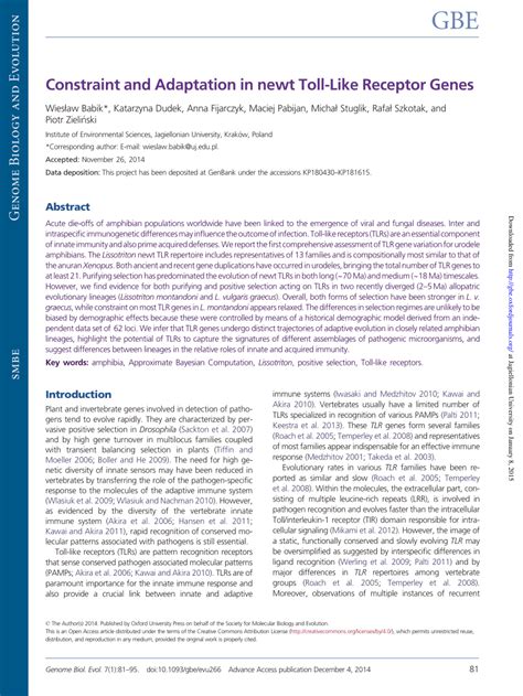Pdf Constraint And Adaptation In Newt Toll Like Receptor Genes