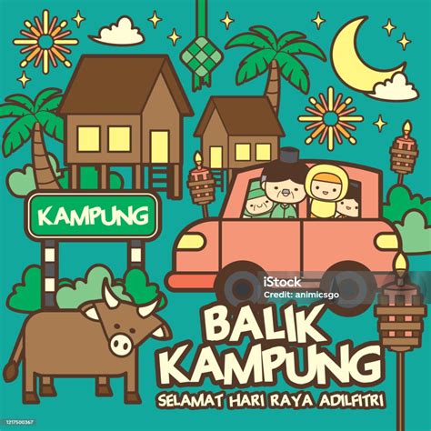 발릭 캄풍 하리 라야 Aidilfitri 축하 장면 인사말 이슬람 가족 목조 주택 소 크레센트 달 모스크 펠리타 불꽃 놀이 자동차와 함께 템플릿 석유 램프에 대한 스톡 벡터