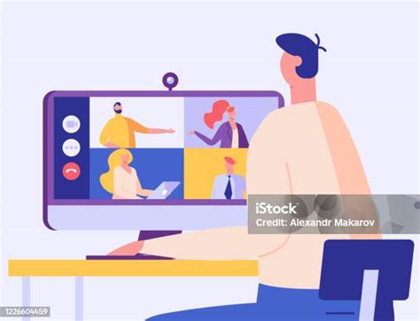 온라인 화상 회의를 통해 의사 소통하는 남자 온라인 모임 집에서 일의 개념 친구와 채팅 그룹 화상 채팅 Ui 배너 모바일 앱에