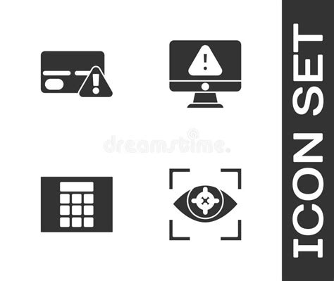 Set Eye Scan Credit Card Password Protection And Monitor With Exclamation Mark Icon Vector