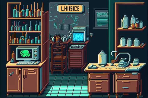 Premium AI Image Pixel Art Science Lab Chemistry Lab Background In Retro Style For 8 Bit Game