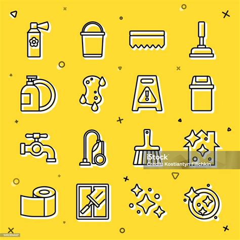 설거지 가정 청소 서비스 쓰레기통 스폰지 식기 세척액 병 방향제 스프레이 및 젖은 바닥 아이콘을 설정합니다 벡터 가사 집안일에 대한 스톡 벡터 아트 및 기타 이미지 Istock