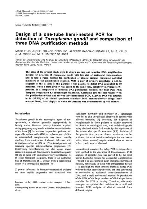 Pdf Design Of A One Tube Hemi Nested Pcr For Detection Of Toxoplasma