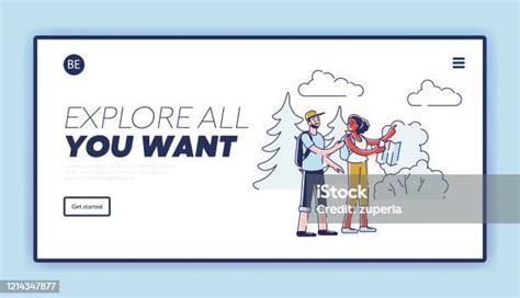 하이킹과 캠핑의 개념 웹 사이트 방문 페이지 사람들은 야외에서 즐거운 시간을 보내고 있습니다 숲에서 하이킹을가는 남성과 여성 캐릭터 웹 페이지 만화 선형 윤곽선 플랫