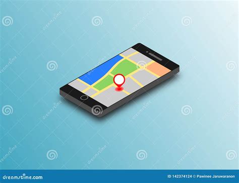 Red Marker On GPS Navigator Location Map Inside Smartphone Isometric Vector Design Concept