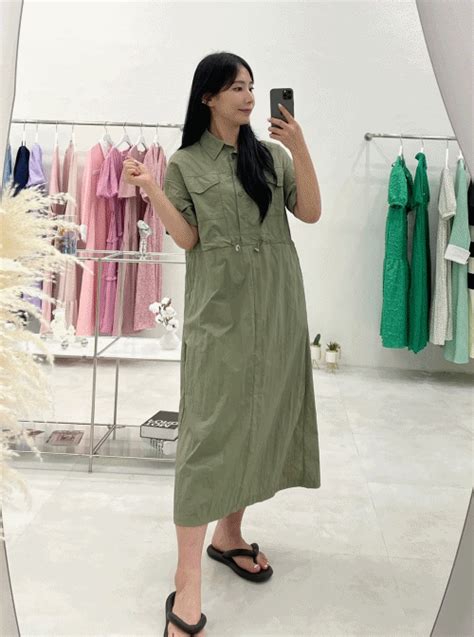 아노락 스트링 Ops 카라 바스락 포켓 롱 원피스 3color 블랙 베이지 카키 에이블리