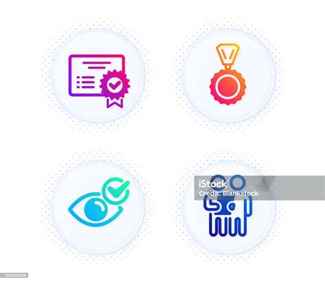 메달 인증서 및 눈 아이콘 설정 확인 설문조사 기호입니다 우승자 검증된 문서 비전 계약 벡터 검안에 대한 스톡 벡터 아트 및