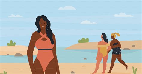예쁜 비키니 여자 친구들은 여름 파티 해변 풍경 벡터 일러스트레이션에서 함께 시간을 보낸다 만화 젊은 여성 관광객 캐릭터는 해변의 자연을 배경으로 일광욕을 즐기며 휴식을