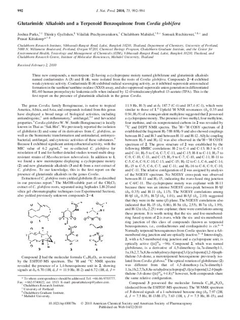 Pdf Glutarimide Alkaloids And A Terpenoid Benzoquinone From Cordia Globifera Vilailak