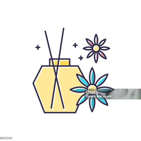 아로마 테라피 색상 아이콘입니다 꽃 향기 스틱 유리 항아리에 에센셜 오일 셀프 케어 및 웰빙 치료 스파 제품 화장품 장식 꽃 향기 격리 벡터 일러스트레이션 0명에 대한 스톡