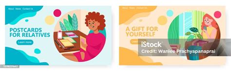 행복한 여자는 새로운 전화로 선물 상자를 열었습니다 홀리데이 선물 컨셉 일러스트레이션 벡터 웹 사이트 디자인 템플릿입니다 여자는 혼자서 엽서를 만든다 Diy에 대한 스톡