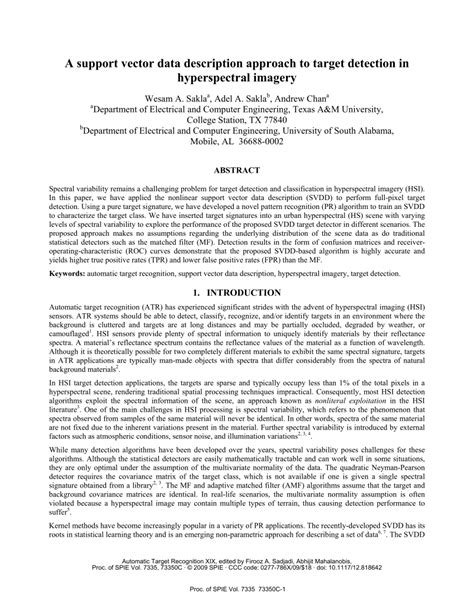 Pdf A Support Vector Data Description Approach To Target Detection In Hyperspectral Imagery