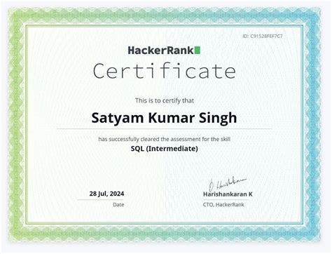 Completed Sql Certification On Hackerrank Satyam Kumar Singh Posted On The Topic Linkedin
