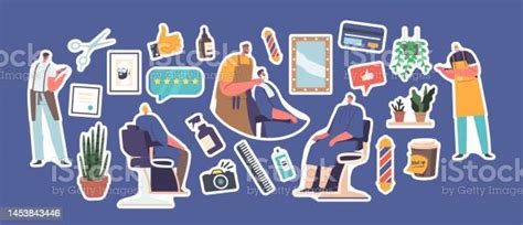 스티커 세트 남성 캐릭터는 이발을 위해 이발소를 방문합니다 미용사 이발사 남성 뷰티 살롱 패치의 클라이언트 가위에 대한 스톡 벡터 아트 및 기타 이미지 Istock