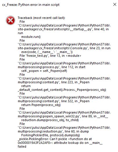 python script freezed with cx freeze crashes when creating a new