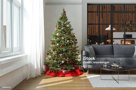 크리스마스 트리 선물 상자 소파 및 식당 배경이 있는 현대적인 거실 인테리어 크리스마스 트리에 대한 스톡 사진 및 기타 이미지