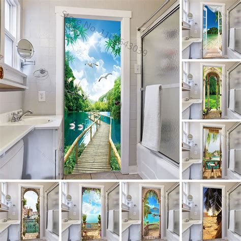 Pvc 홈 데코 현관 문 스티커 목욕 샤워 룸 침실 자체 접착 사진 벽지 리노베이션 풍경 포스터 방수
