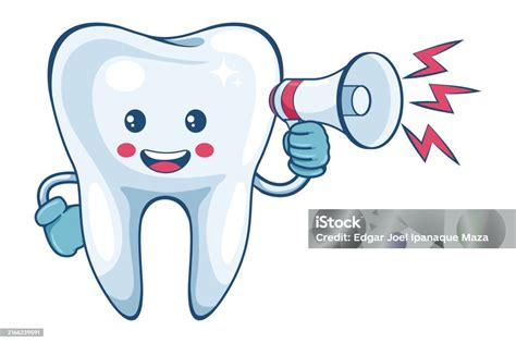 확성기로 발표하는 이빨 캐릭터의 만화 치아 및 잇몸 질환의 예방 진단 및 치료 치과 위생 및 구강 관리 충치 예방 가공의 인물에 대한 스톡 벡터 아트 및 기타 이미지