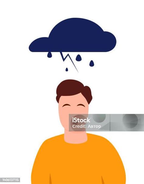 구름 비 우울한 부정적인 생각 비관적 인 기분을 화나게하는 젊은 남자 캐릭터 불행한 사람 개념 플랫 벡터 격리 일러스트레이션 부정적인 감정 Mental Wellbeing에