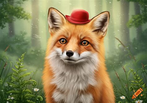A Cute Orange And White Fox Wearing A Red Hat Looks Forward In A Lush Green Forest On Craiyon