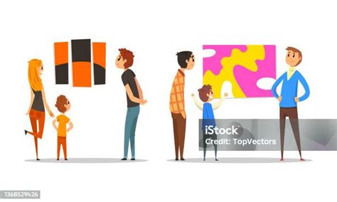 아트 갤러리 벡터 세트의 벽에 모양 현대 추상 미술 전시회 및 창조적 인 작품을 보는 사람들 캐릭터 문화에 대한 스톡 벡터 아트 및 기타 이미지 Istock