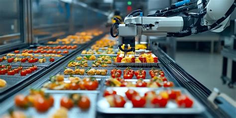 Automated Food Processing Robotic System Sorting And Arranging Produce On Conveyor Belt Stock
