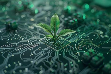 Green Plant Sprouting From A Microchip Symbolizing The Concept Of Green Technology