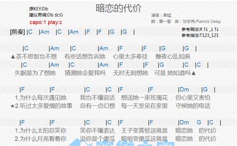 草蜢暗恋的代价吉他谱 C调吉他弹唱谱 和弦谱 打谱啦