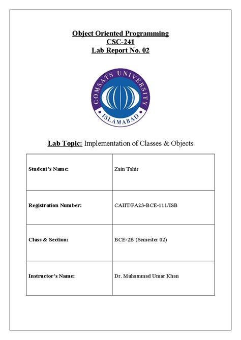 Lab Report No 02 Object Oriented Programming Csc 241 Lab
