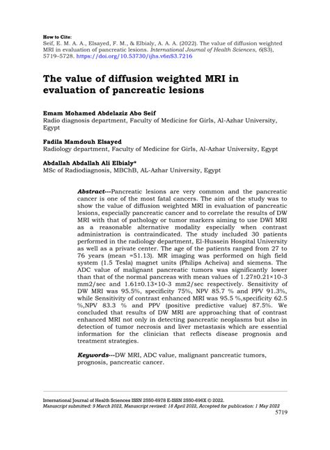 Pdf Value Of Diffusion Weighted Mri In Evaluation Of Pancreatic Lesions