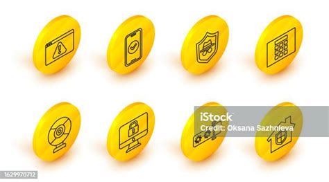 느낌표 아이콘이 있는 보호 비밀번호 잠금 모니터 보안 카메라 시크릿 모드 스마트폰 및 브라우저에서 라인 하우스를 설정합니다 벡터 3차원 형태에 대한 스톡 벡터 아트 및 기타