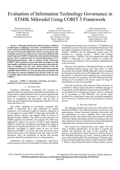 Pdf Evaluation Of Information Technology Governance In Stmik Mikroskil Using Cobit 5 Framework