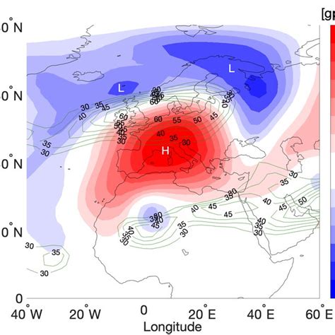 Daily Mean Geopotential Height Anomaly Red Blue Contours In