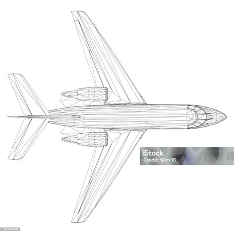 Passenger Aircraft Wireframe From Black Lines Isolated On White Background View From Above 3d
