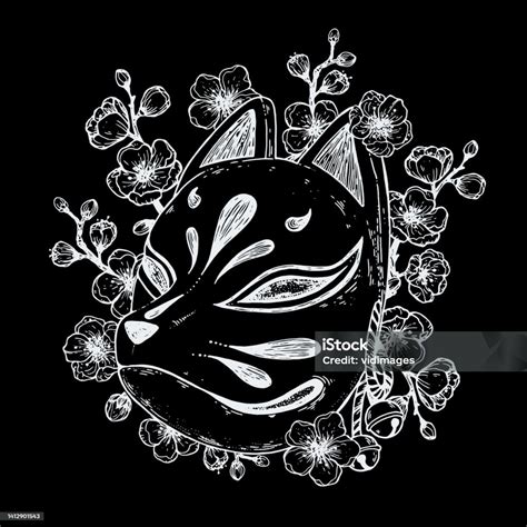 벚꽃 손으로 그린 벡터 일러스트가 있는 키츠네 마스크 일본의 전통 악마 문신 인쇄 티셔츠 프린트 패브릭 및 기타 용도에 대한 손으로 그린 일러스트레이션 만화 스타일에 대한